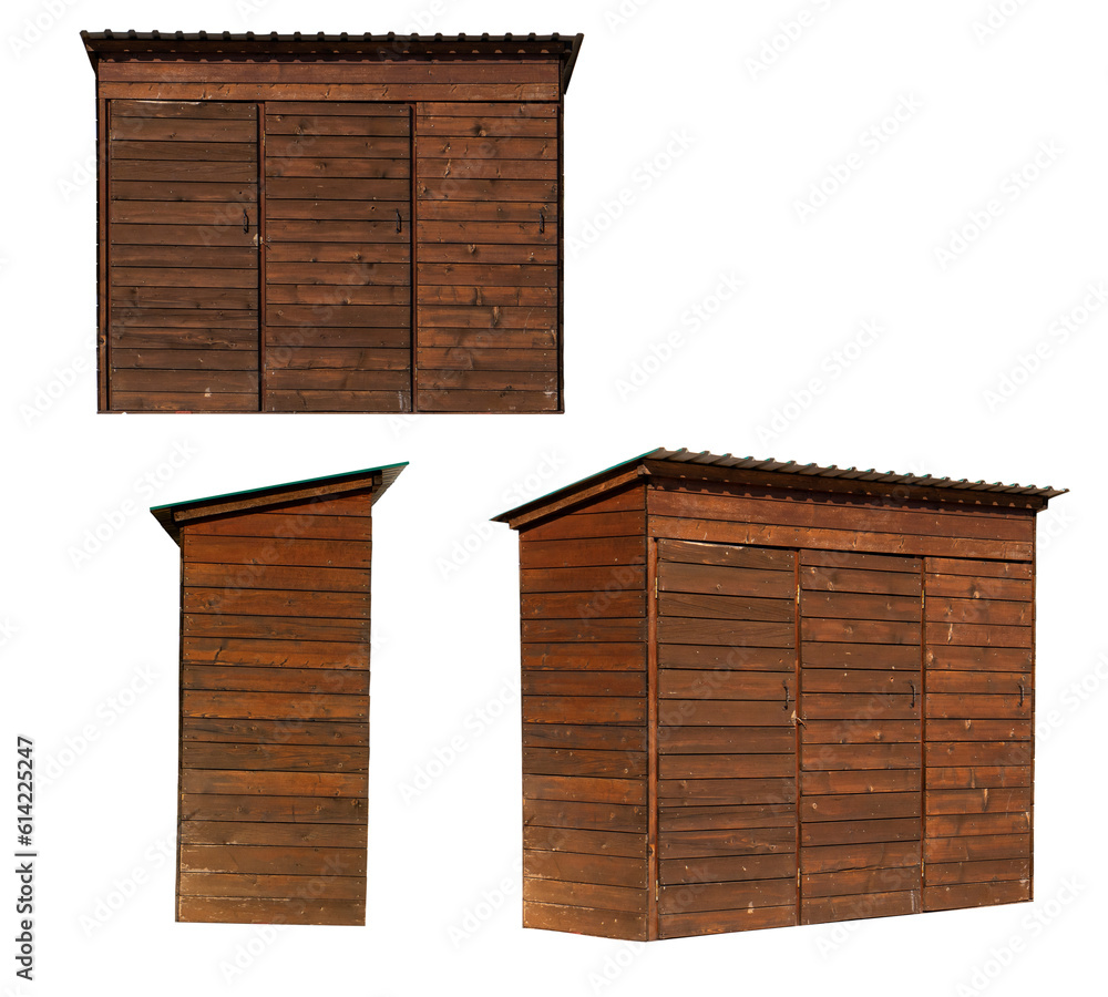 Dark brown narrow wooden shed with a slate roof different views set ...