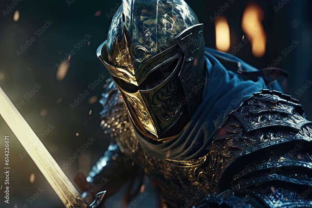 Battle scene of medieval warrior with steel armor and helmet costume in ...