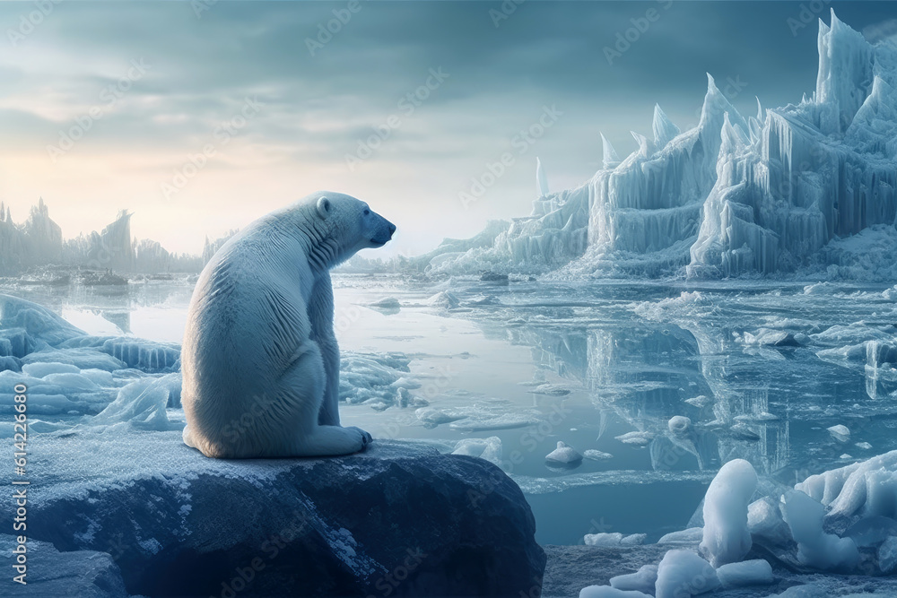 White polar bear sitting on melting ice floe glacier at arctic sea that ...