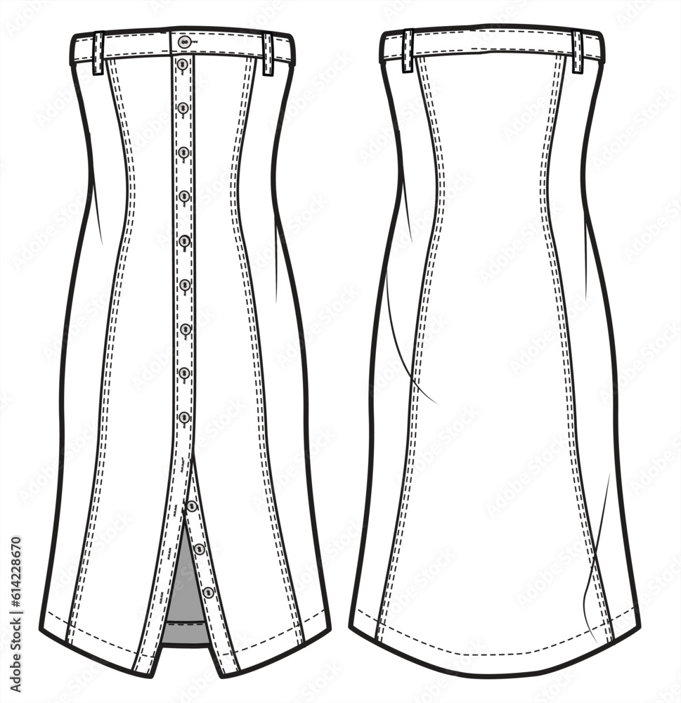 Denim Tube Dress Front and Back View. Fashion Illustration, Vector, CAD ...