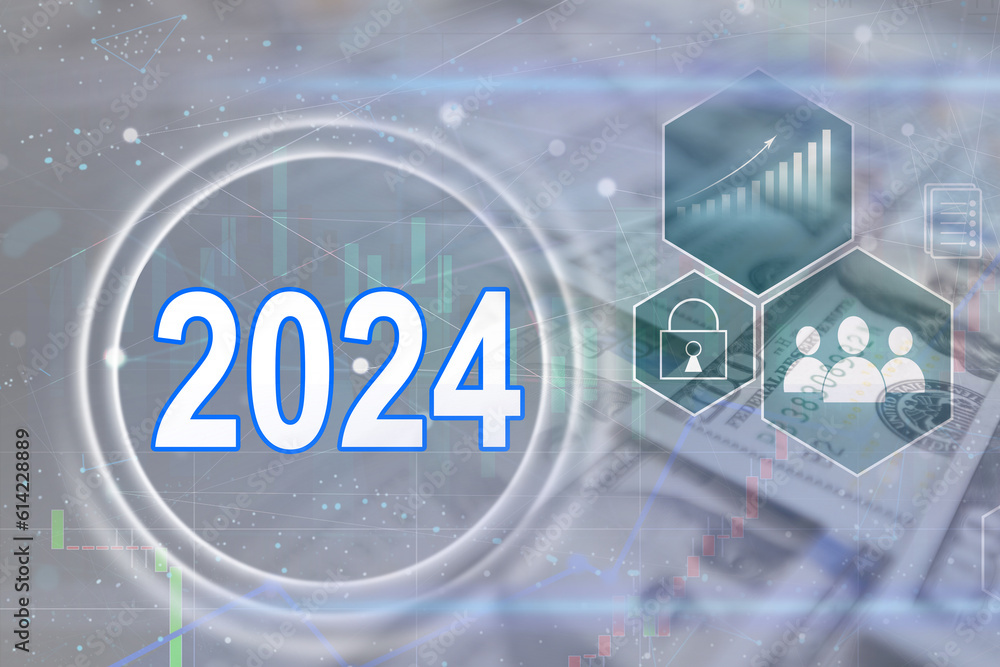 2024 calender year button on digital virtual screen blur background ...