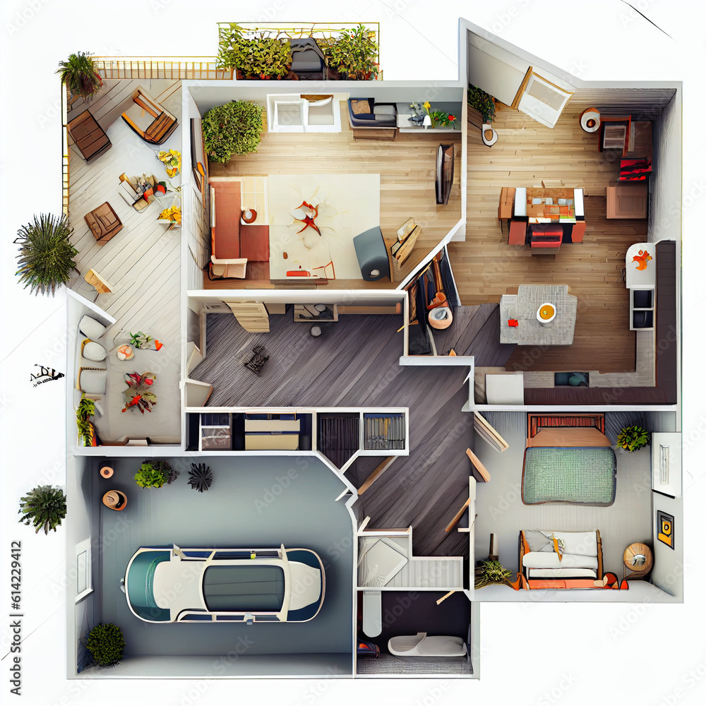 Illustration of a furnished lived-in home plan top view isolated on ...