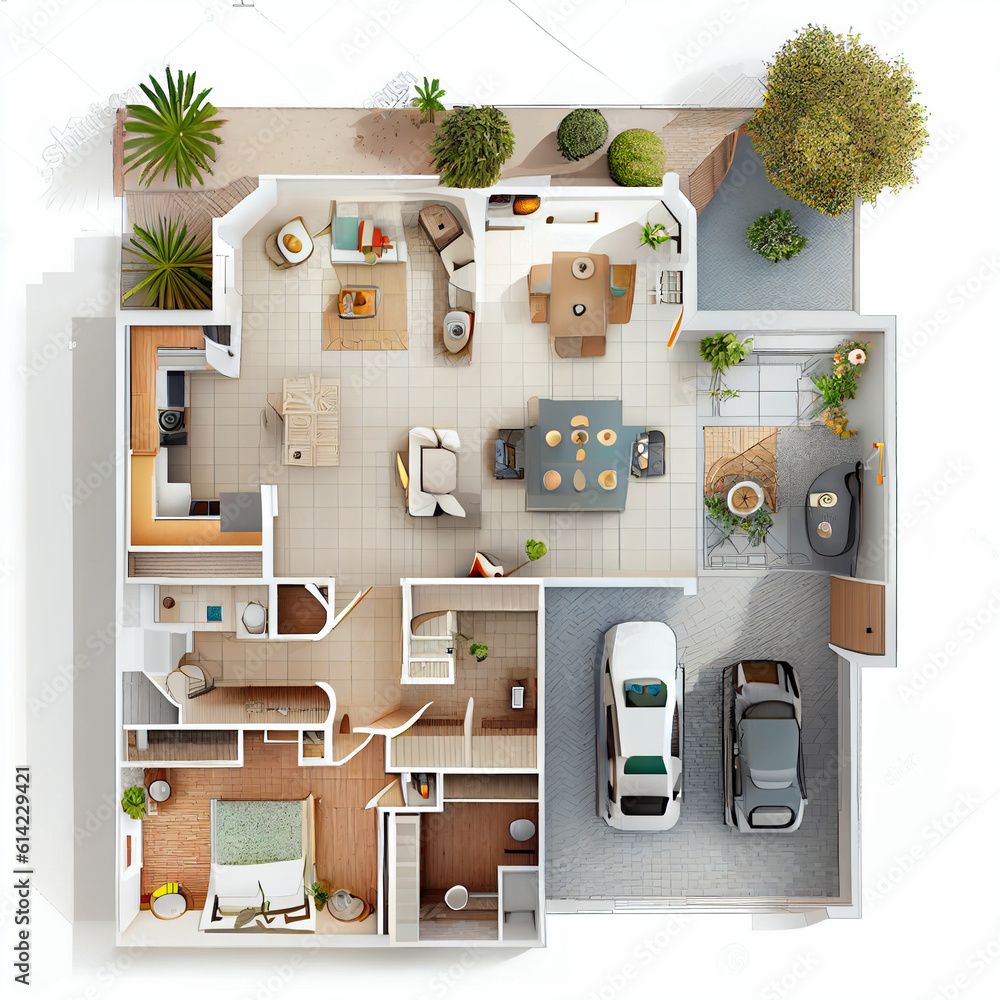 Illustration of a furnished lived-in home plan top view isolated on ...