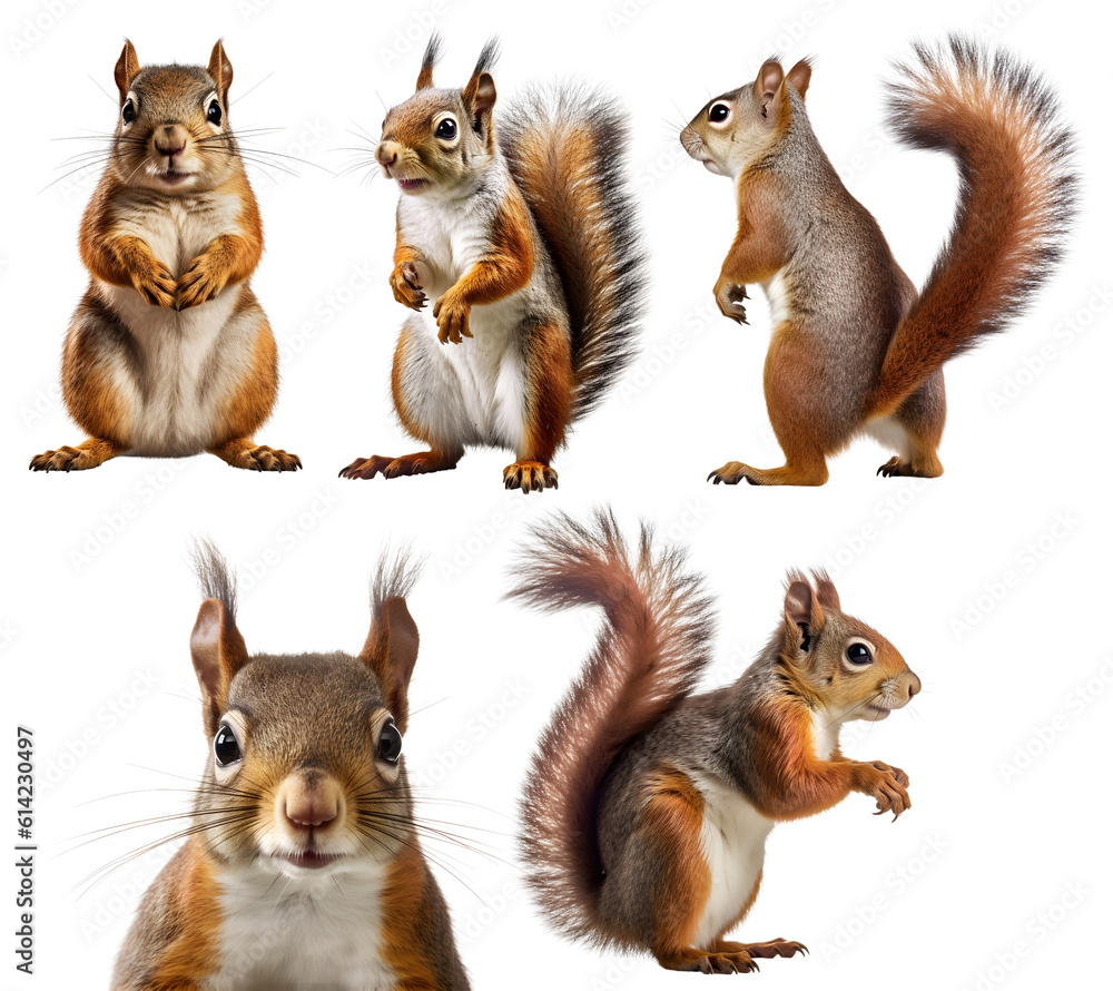 Squirrel, many angles and view portrait side back head shot isolated on ...