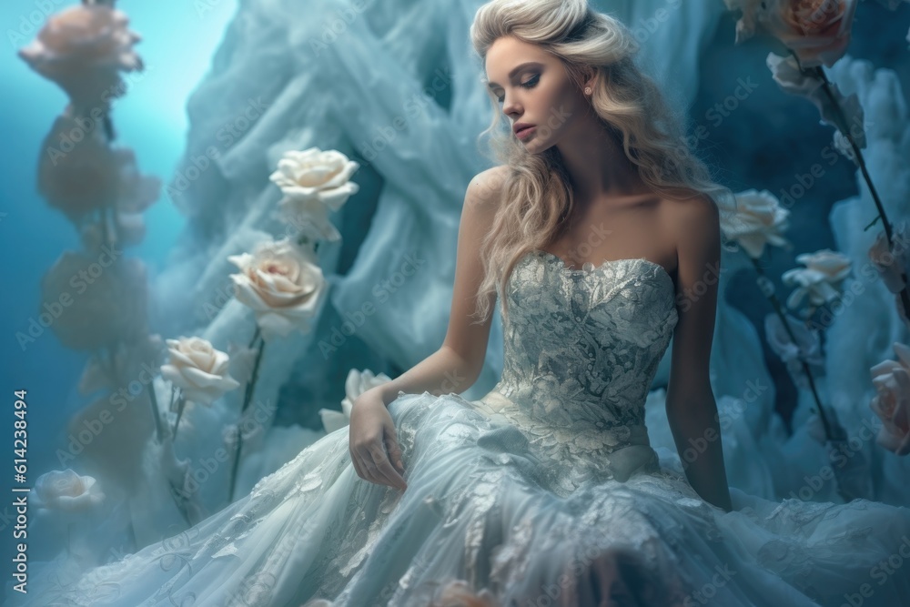 Surreal full-body fashion photograph of a very beautiful Elsa in love ...