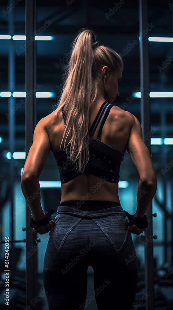 Generative AI. Rear view of a female fitness model in the gym Stock ...