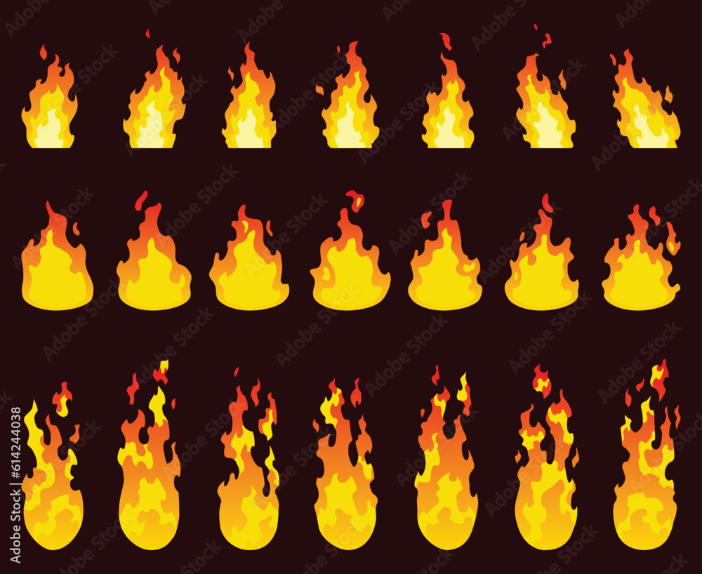 Fire animation sprites. Set of red and orange fire flame. Flames of ...