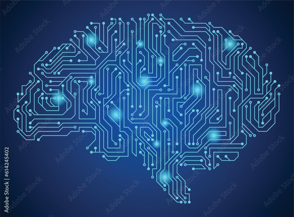 Brain with circuit board texture. Digital concept. Circuit board computer style brain. Stylized ...