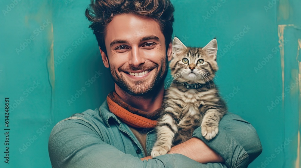 happy cat owner smiling holding his cat in arm, green background ...