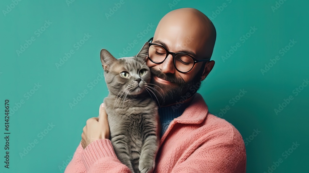 happy cat owner smiling holding his cat in arm, green background ...