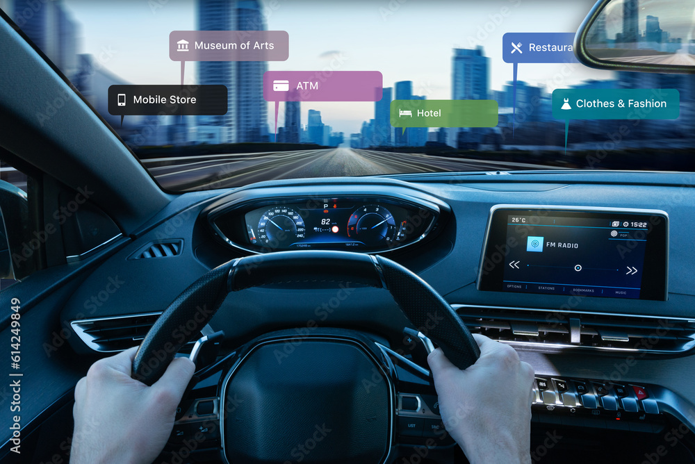 First person view of driving along a city street. Augmented reality ...