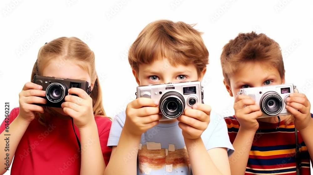 three little kids boy and girls siblings playing with photo cameras and ...