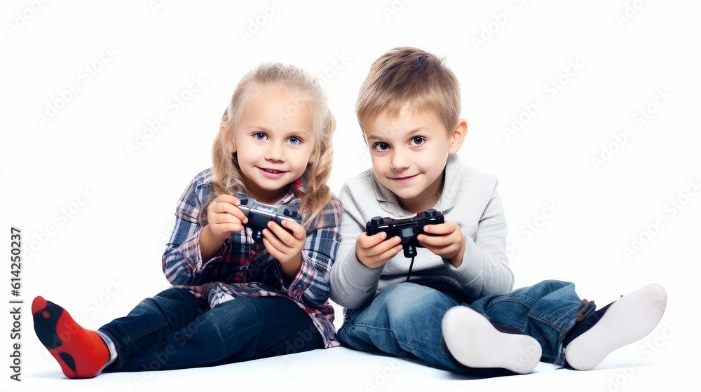 two cute little kids boy and girl siblings playing games with gamepad ...