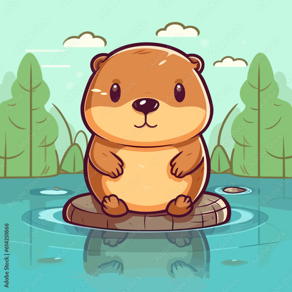 Cute little cartoon kawaii anime character beaver. Pet Animal. Flat ...