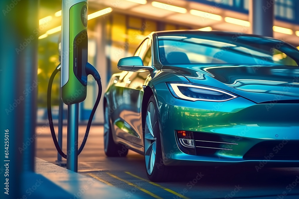 Closeup of electric vehicle plugged in with EV charger device from ...