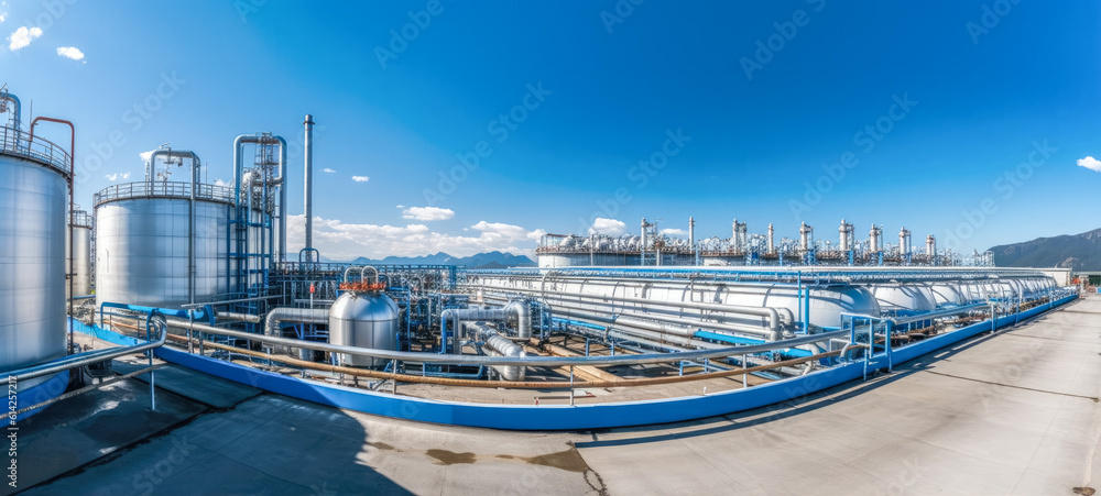 Hydrogen power plant, large steel tanks and pipes, wide angle photo ...