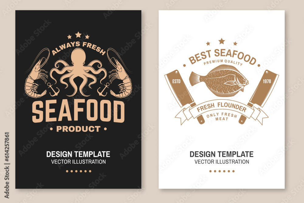 Set of fresh seafood retro poster, banner with shrimp, octopus and ...