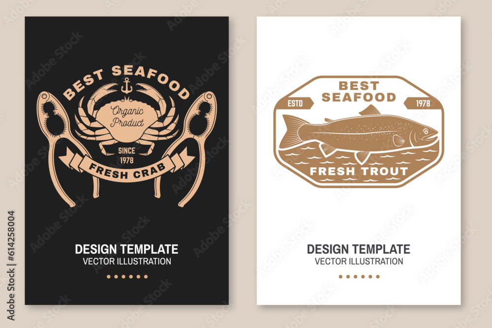 Set of fresh seafood retro poster, banner with fresh trout, crab and ...
