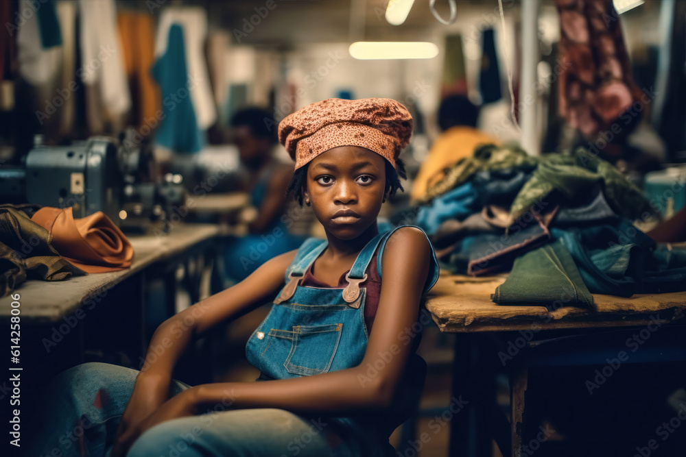 Small African black girl portrait with blurred textile factory ...