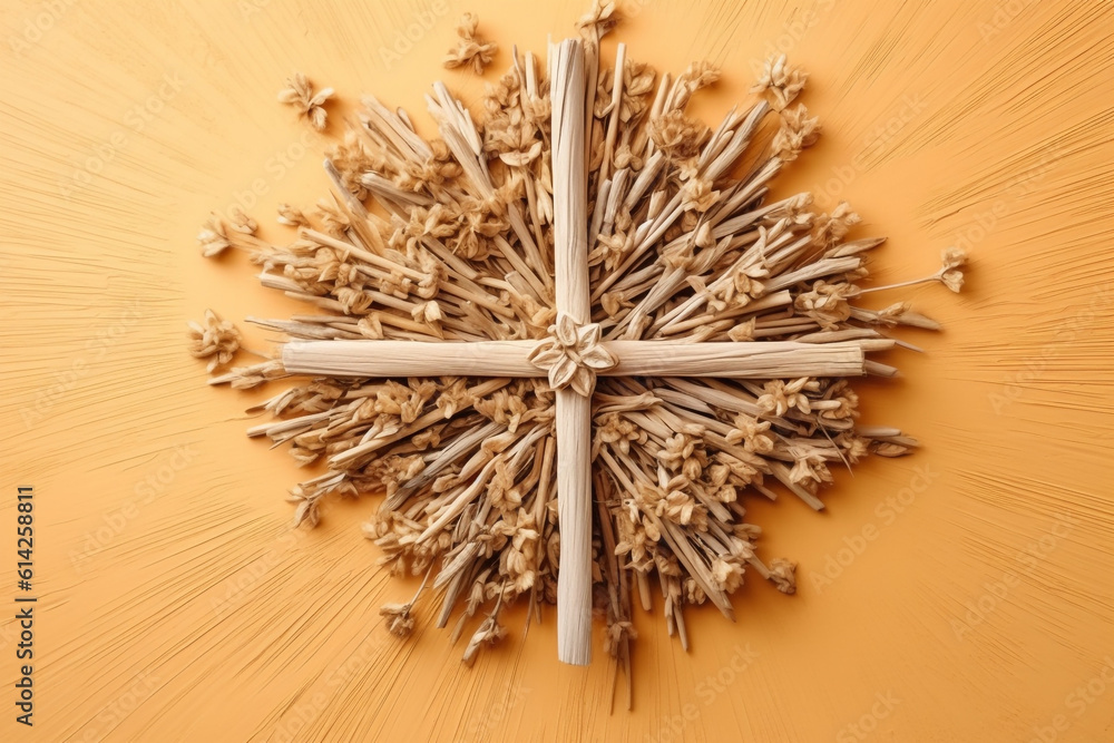 Culture and religion concept. Top view of christian cross made of dry ...