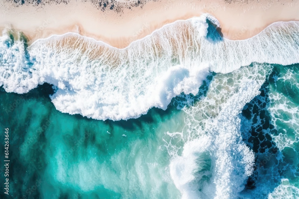 Aerial beach top view above seashore with blue wave and white frothy ...