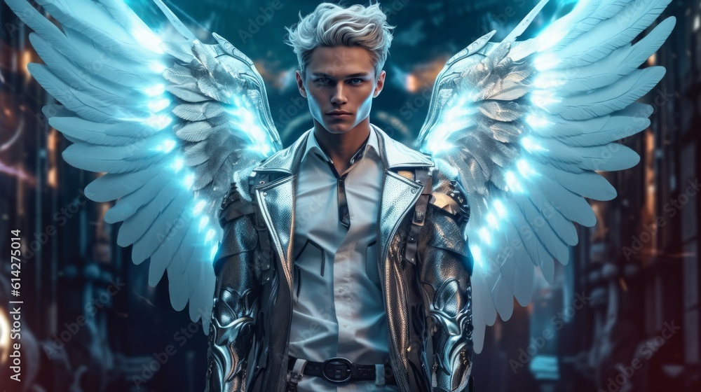 Closeup portrait of a beautiful angel man with wings wearing a ...