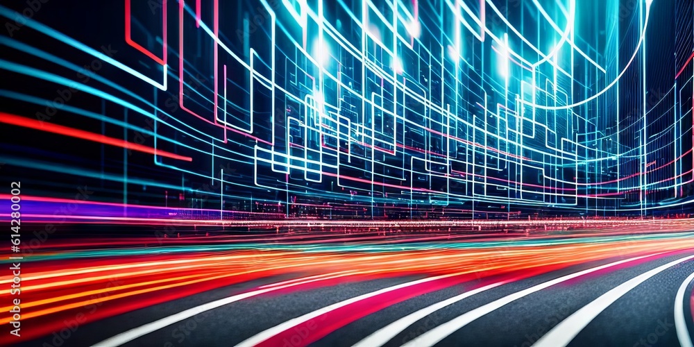 Digital data flow on road with motion blur to create vision of fast ...