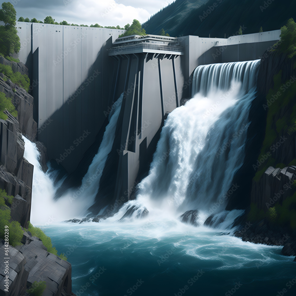 Hydroelectric dam with water flowing through the turbines and ...