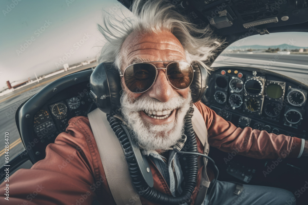 Self portrait of senior man inside airplane pilot cabin. Ai generative ...
