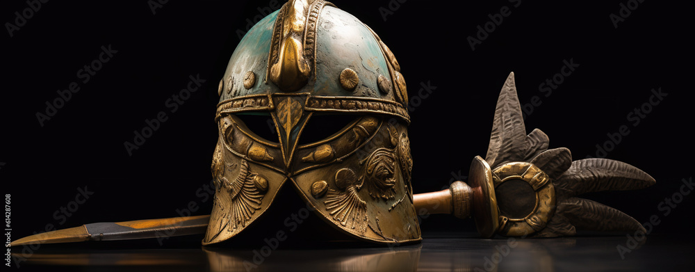 minoan soldier ancient armor sword and helmet artifact isolated effect ...