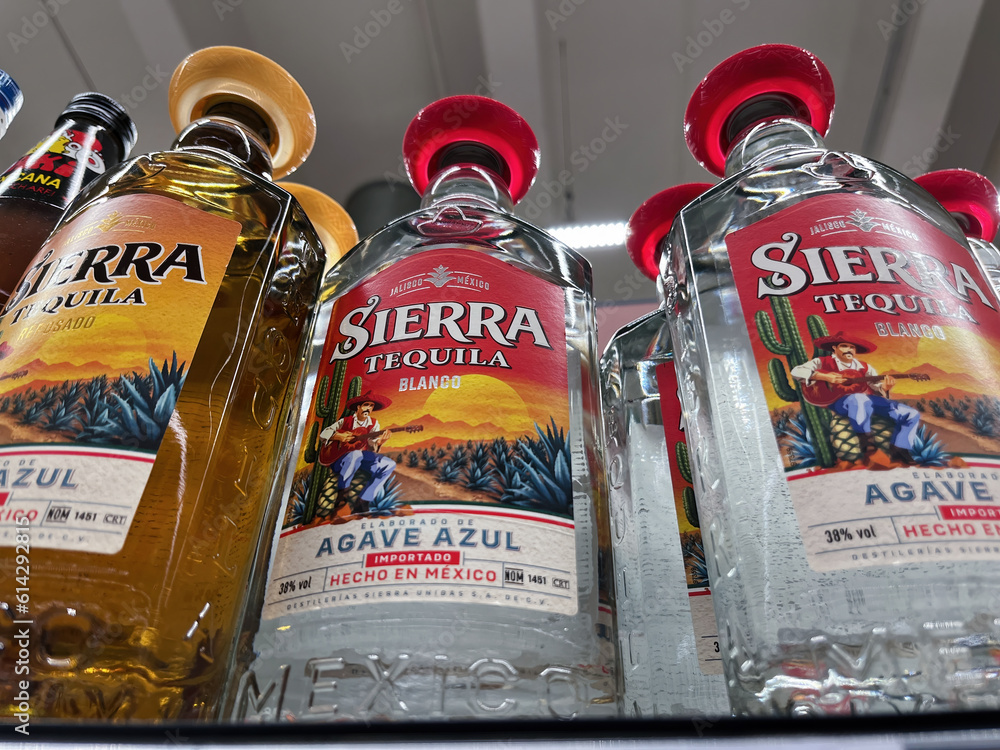 Sierra Tequila Blanco and reposado Bottles Showcased on the Shelf Stock ...