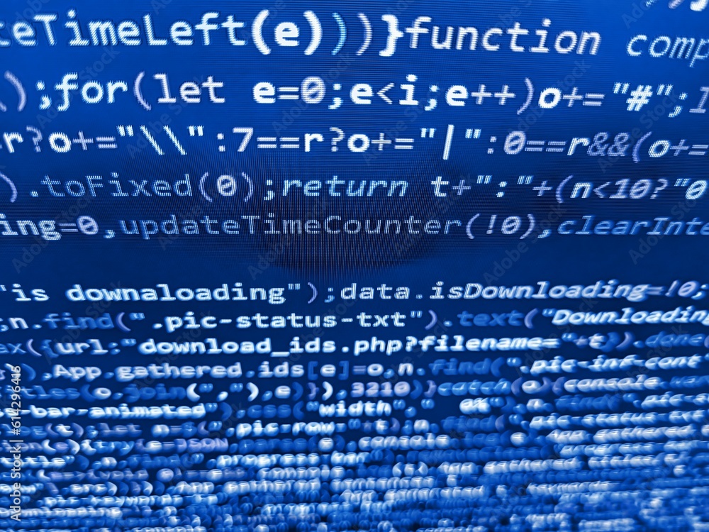 PHP syntax highlighted. Screen of web developing javascript code. Black ...