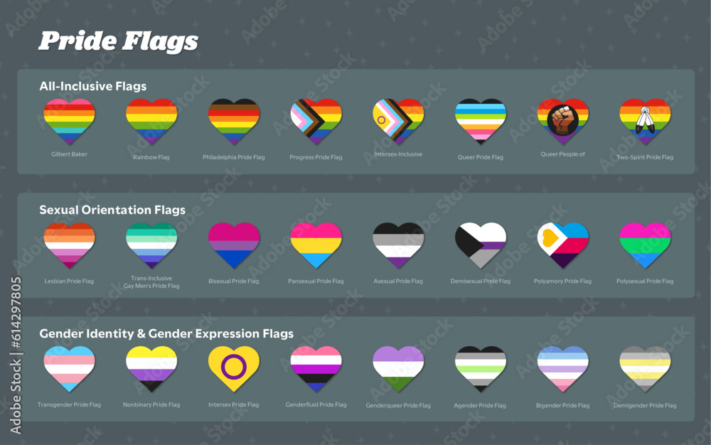 Pride Flags Heart Shaped Vector Graphics Grouped With Labels Stock