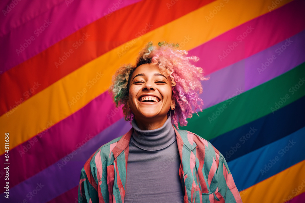 Queer person smiling against pride flag. Illustrative Generative AI ...