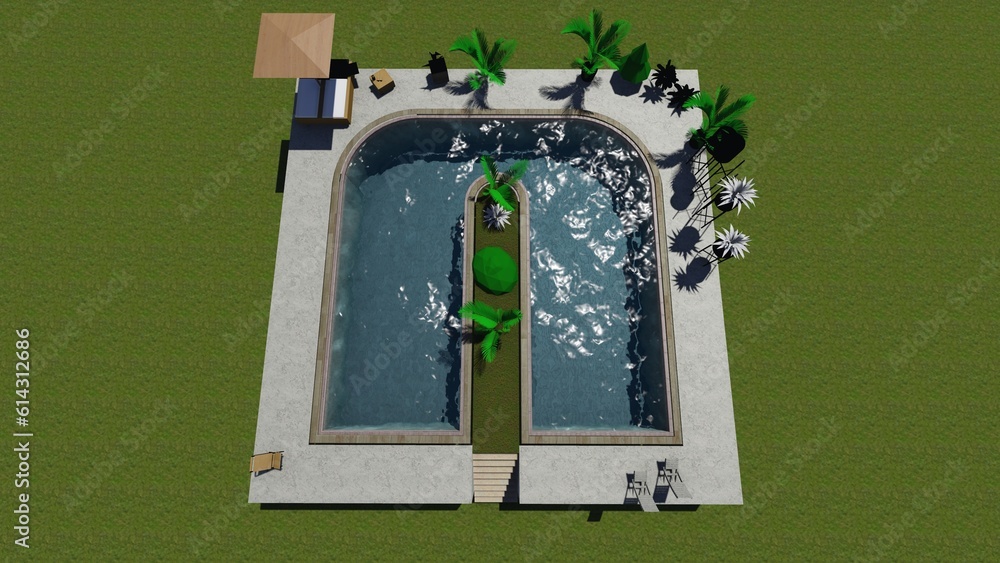 U-shaped swimming pool scene exterior, 3d rendering Stock Illustration ...