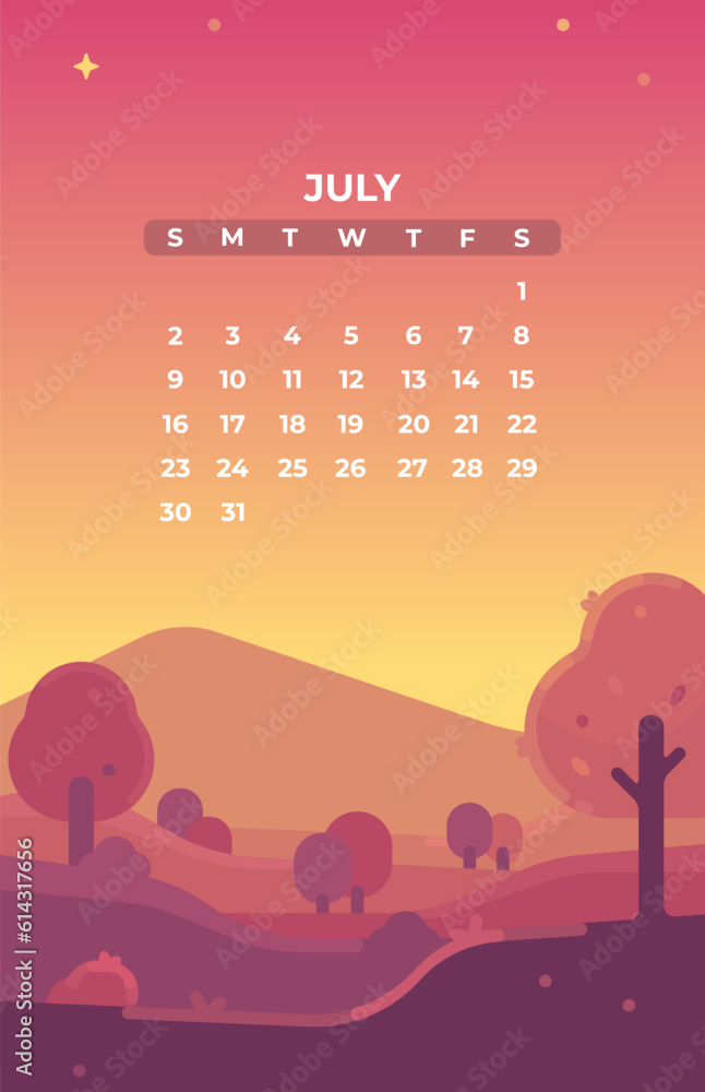 Vector july landscape calendar illustration. Simple vertical 2d ...