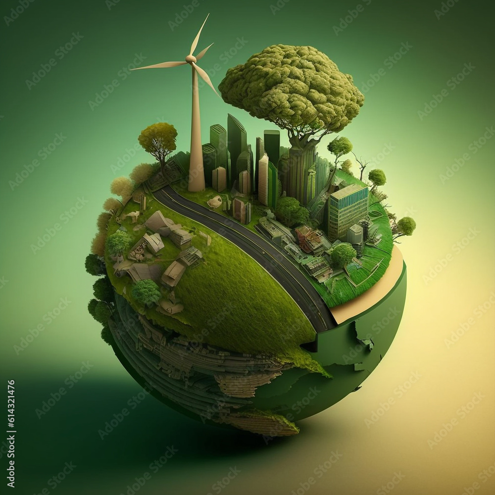 Green globe with a house and trees on it, 3D render, ecological art ...