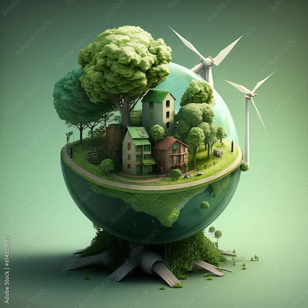 Green globe with a house and trees on it, 3D render, ecological art ...