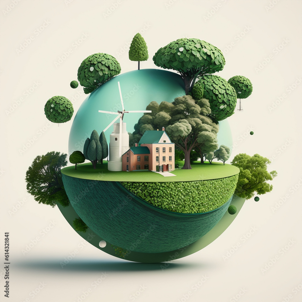 Green globe with a house and trees on it, 3D render, ecological art ...