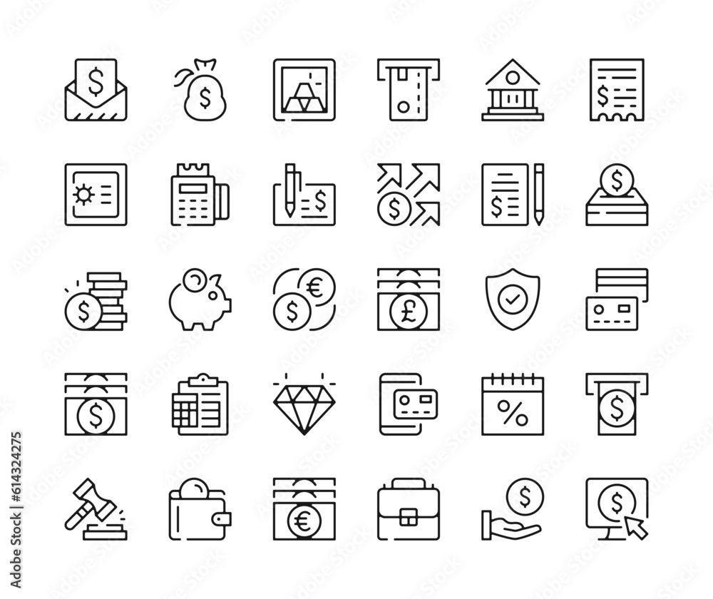 Banking icons. Vector line icons set. Money, investment, finance, bank concepts. Black outline ...