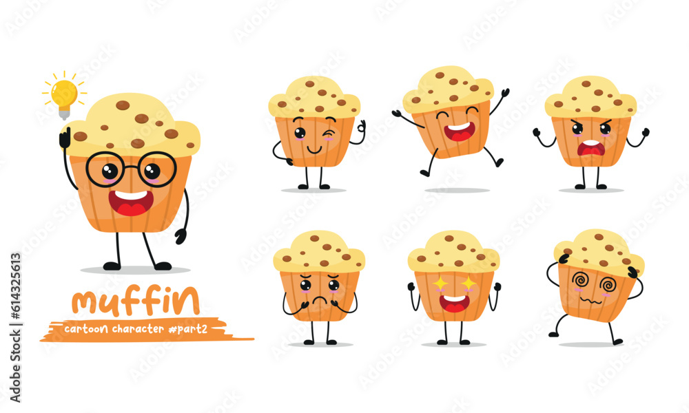cute muffin cartoon with many expressions. different activity pose ...