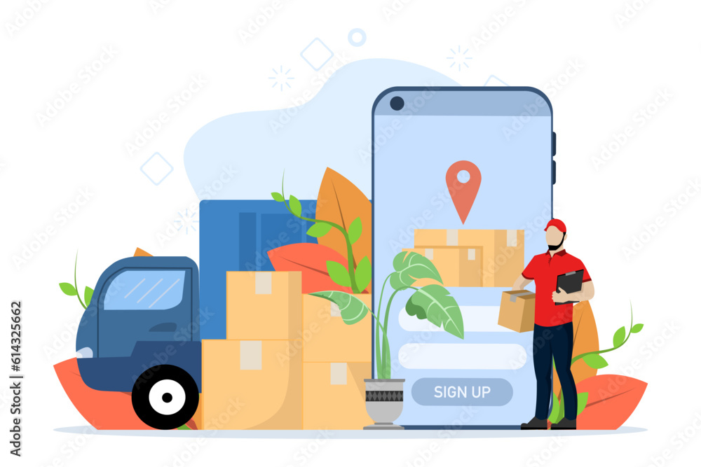 delivery service concept, online delivery app, van with parcel, delivery, courier, parcel ...