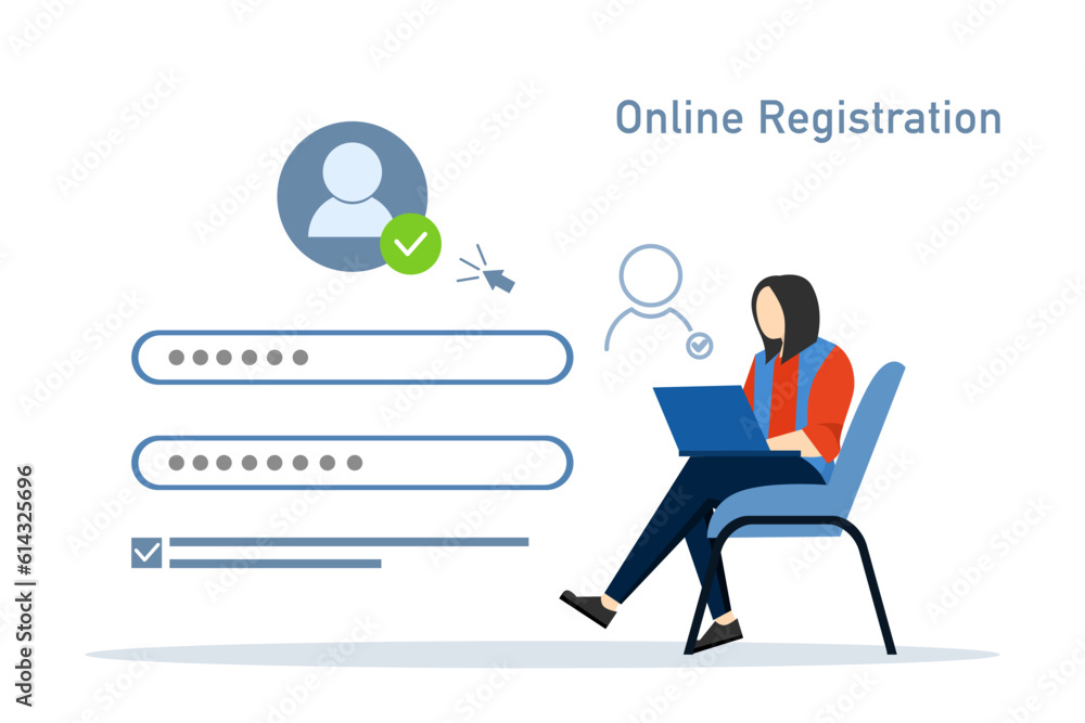 Vetor de Online registration concept, registration user interface. Woman create new account with ...