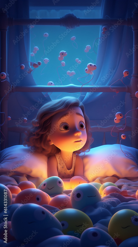 Cute little cartoon girl, in bed. Before going to sleep, I imagine that ...