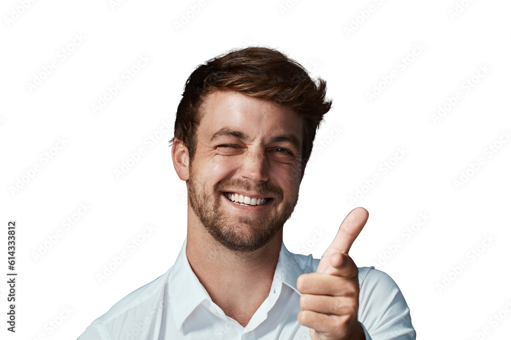 Portrait, pointing man wink and flirting isolated and against a ...