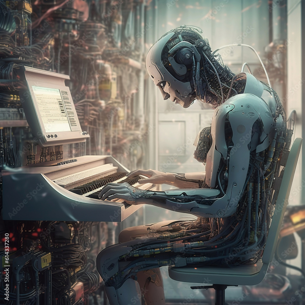 humanoid robot playing piano, artificial intelligence concept. created ...