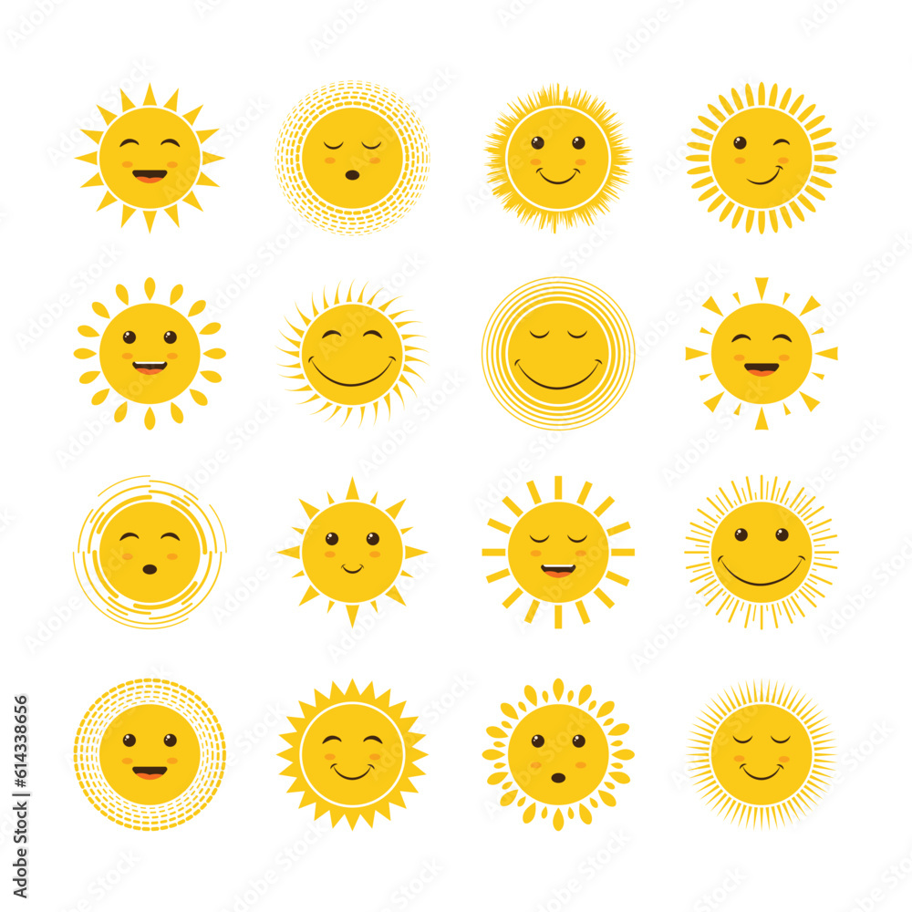 Suns set. Bright suns in cartoon style with joyful emotions. Smiling ...