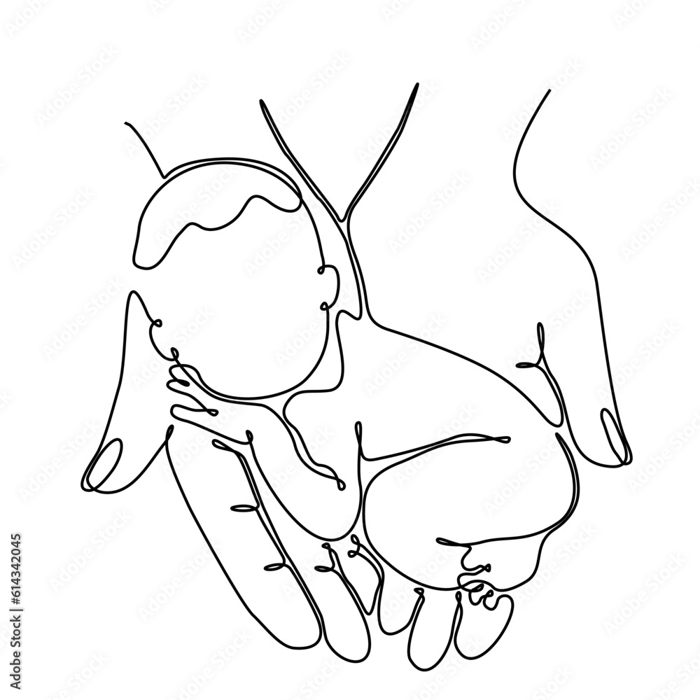 One single line drawing of beautiful newborn baby leaning on mother's ...