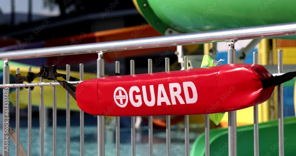 Lifeguard red sign by pool. Safety of children and adults in pool in ...