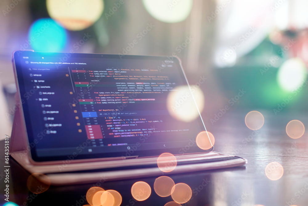 Notebook closeup photo. CSS, JavaScript and HTML usage. Monitor closeup of function source code ...